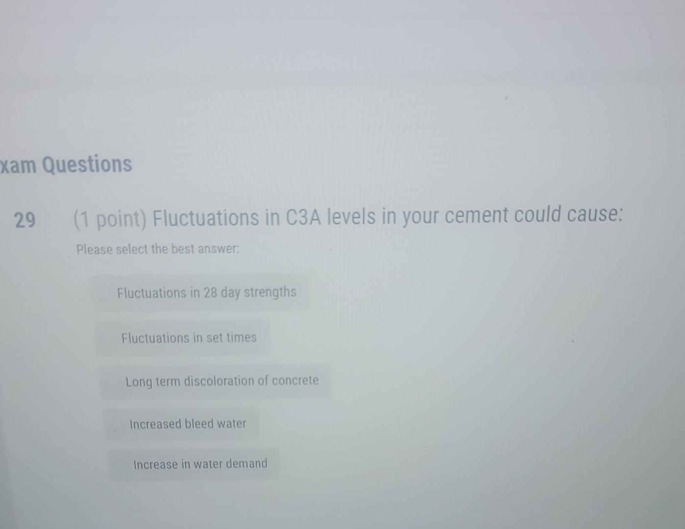 Solved (1 point) Fluctuations in C3A levels in your cement | Chegg.com