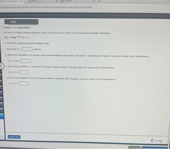 Solved The time (ie minutes) between telephone calls at an | Chegg.com