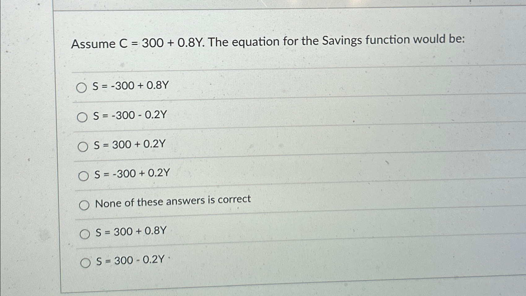 Solved Assume C=300+0.8Y. ﻿The equation for the Savings | Chegg.com