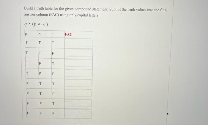 Solved Build a truth table for the given compound statement. | Chegg.com