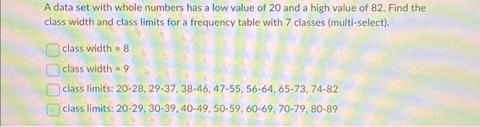 Solved A data set with whole numbers has a low value of 20 | Chegg.com