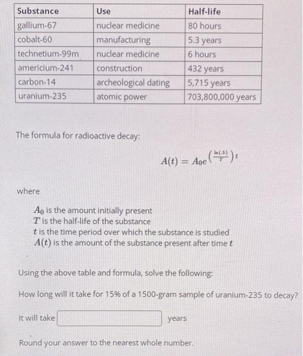 Solved Use Half-life 80 hours 5.3 years Substance gallium-67 | Chegg.com