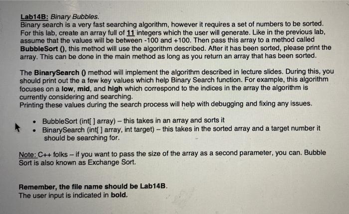 Solved Lab14B: Binary Bubbles. Binary search is a very fast | Chegg.com