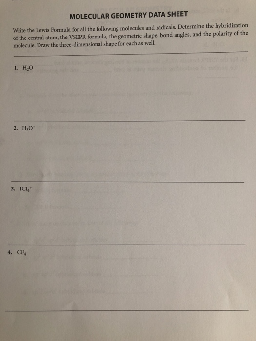 Solved MOLECULAR GEOMETRY DATA SHEET Write the Lewis Formula | Chegg.com