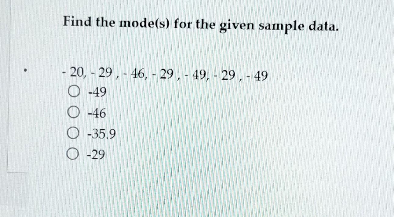 Solved Find the mode(s) for the given sample data. | Chegg.com