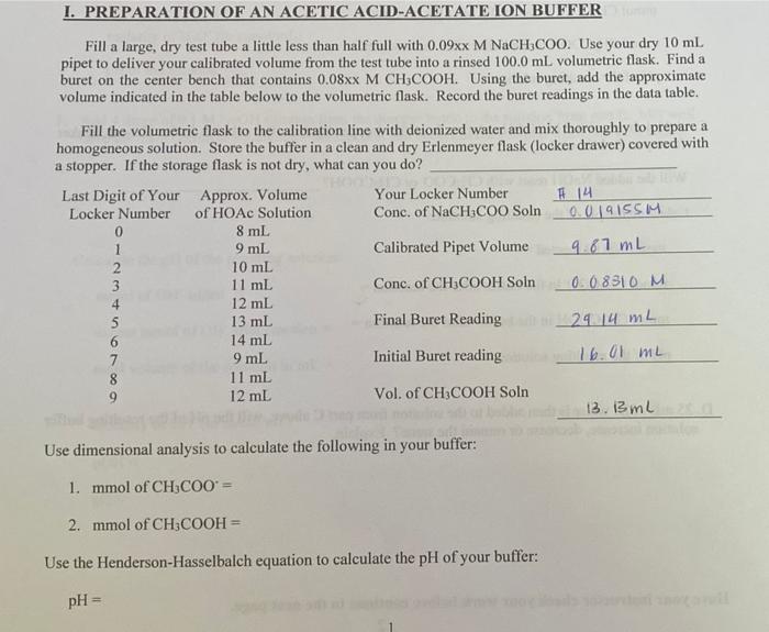 Solved I. PREPARATION OF AN ACETIC ACID-ACETATE ION BUFFER | Chegg.com