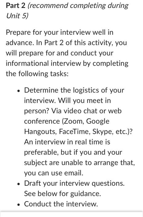 Unit 6: Informational Interview Hide Assignment | Chegg.com