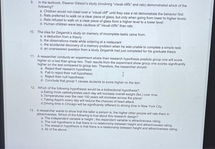Solved 9. In the textbook, Eleanor Gibson's study (involving | Chegg.com