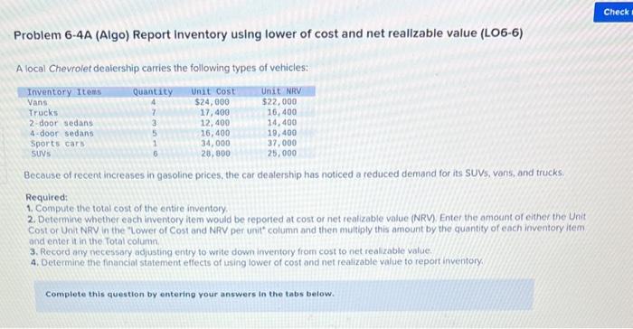 Solved Problem 6-4A (Algo) Report Inventory using lower of | Chegg.com