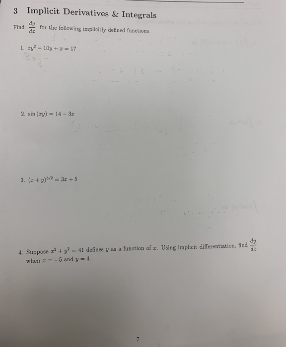 Solved 3 Implicit Derivatives & Integrals Find dr for the | Chegg.com