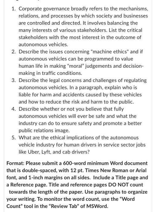 Solved 1. Corporate governance broadly refers to the | Chegg.com