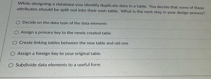 Solved While designing a database you identify duplicate | Chegg.com