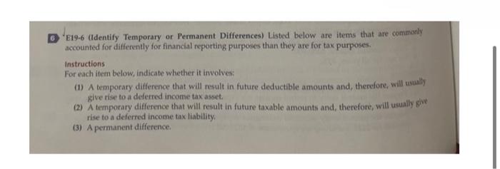 Solved 6. E19-6 (Identify Temporary or Permanent | Chegg.com