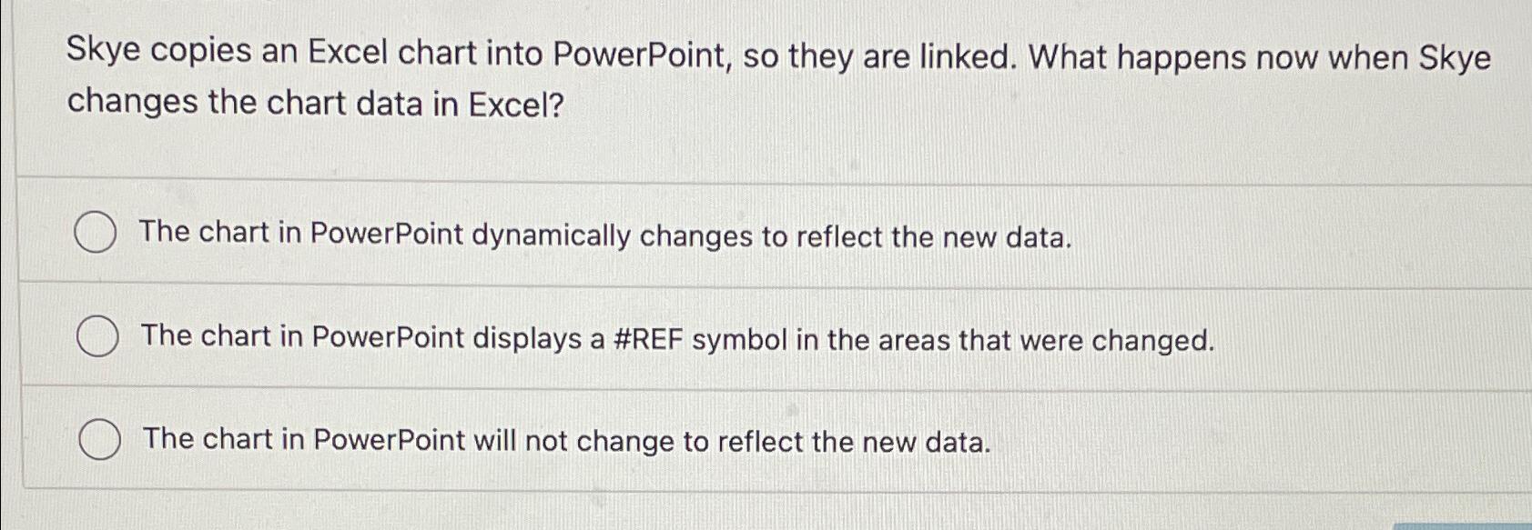 Solved Skye copies an Excel chart into PowerPoint, so they | Chegg.com