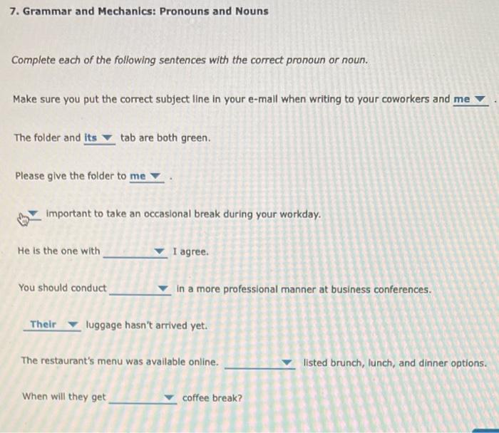Solved 7. Grammar and Mechanics: Pronouns and Nouns Complete | Chegg.com