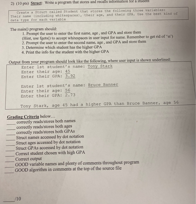 Solved 2) (10 pts) Struct: Write a program that stores and | Chegg.com