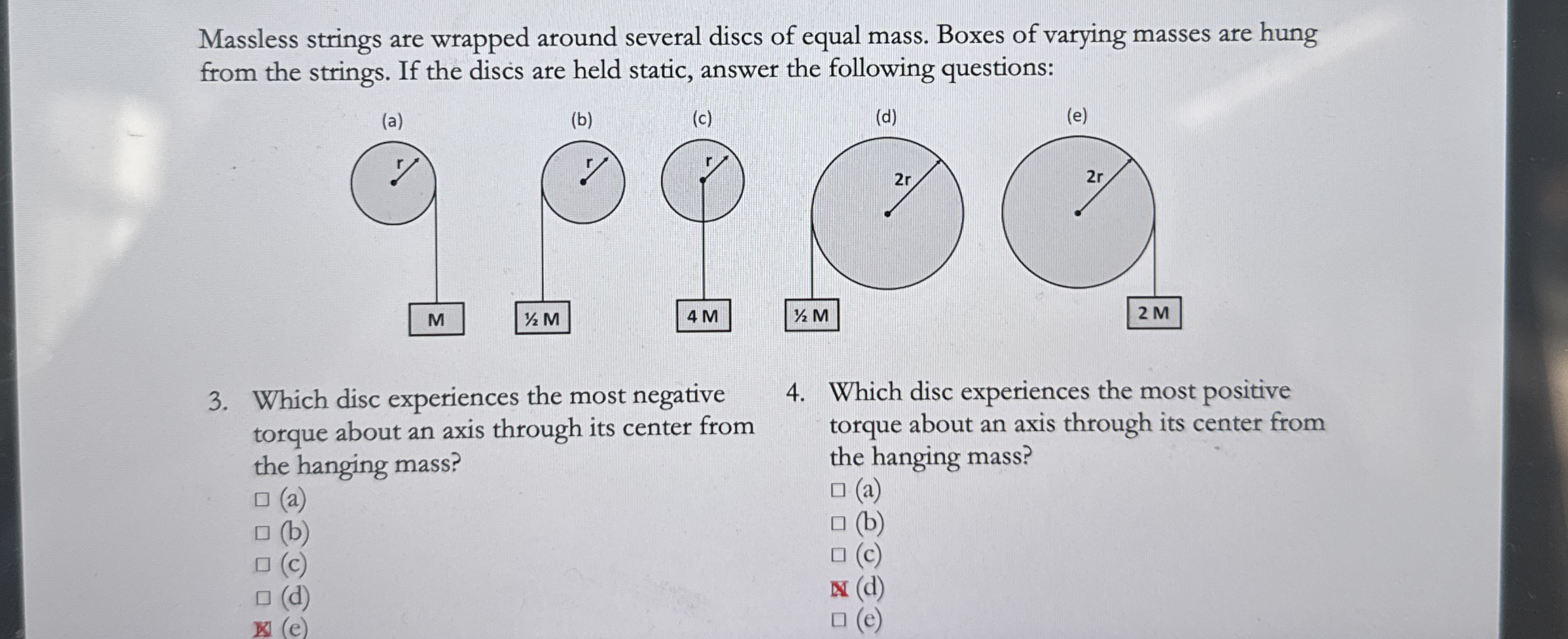 Solved Massless strings are wrapped around several discs of | Chegg.com