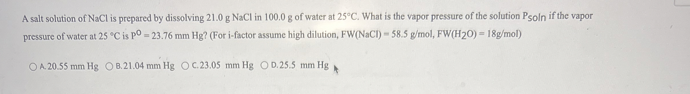 Solved A salt solution of NaCl is prepared by dissolving | Chegg.com