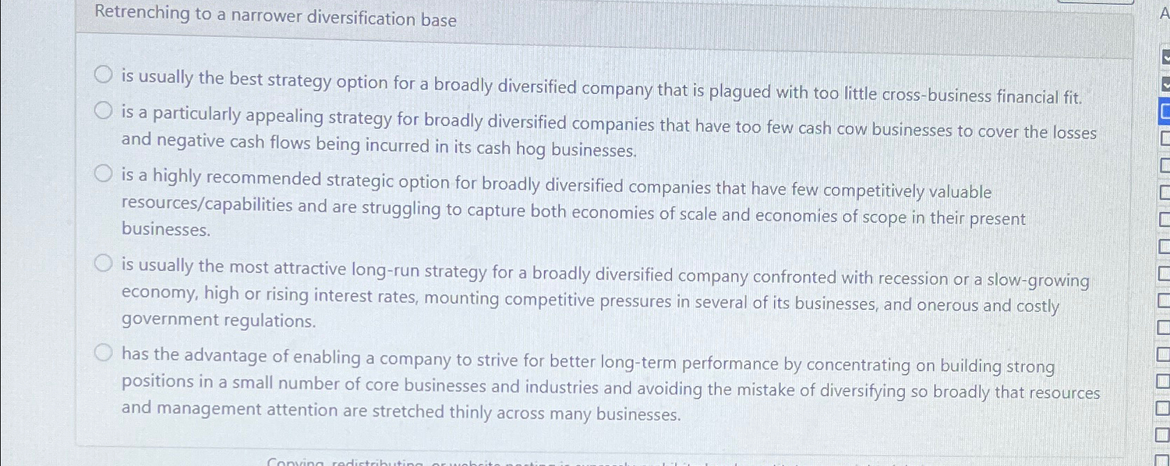 Solved Retrenching to a narrower diversification baseis | Chegg.com