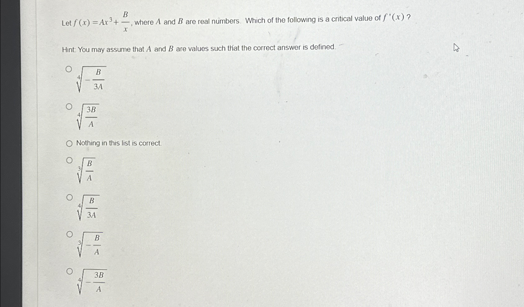 Solved Let f(x)=Ax3+Bx, ﻿where A and B ﻿are real numbers. | Chegg.com