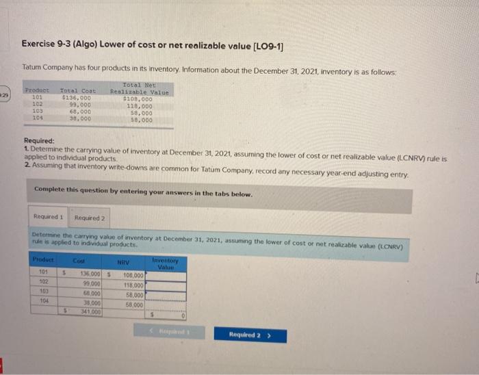 Solved Exercise 9-3 (Algo) Lower of cost or net realizable | Chegg.com