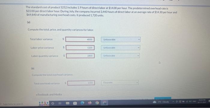 Solved The standard cost of product 5252 includes 1.9 hours | Chegg.com