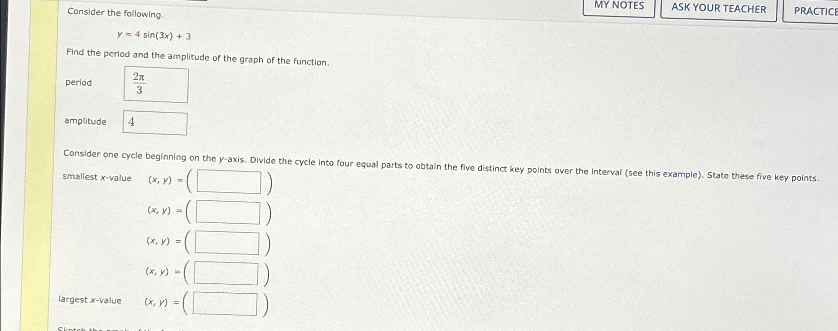 Solved Consider the following.PRACTICEy=4sin(3x)+3Find the | Chegg.com