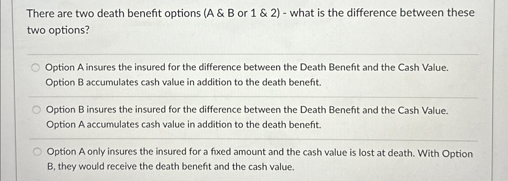 Solved There are two death benefit options (A & B or 1&2 ) - | Chegg.com