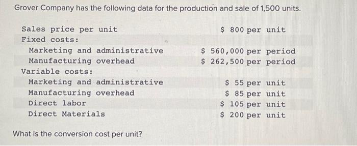 Solved Grover Company has the following data for the | Chegg.com