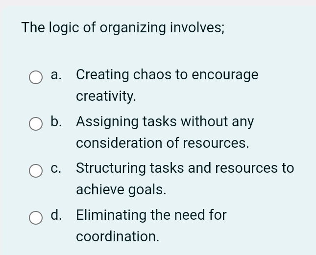 Solved The logic of organizing involves;a. ﻿Creating chaos | Chegg.com