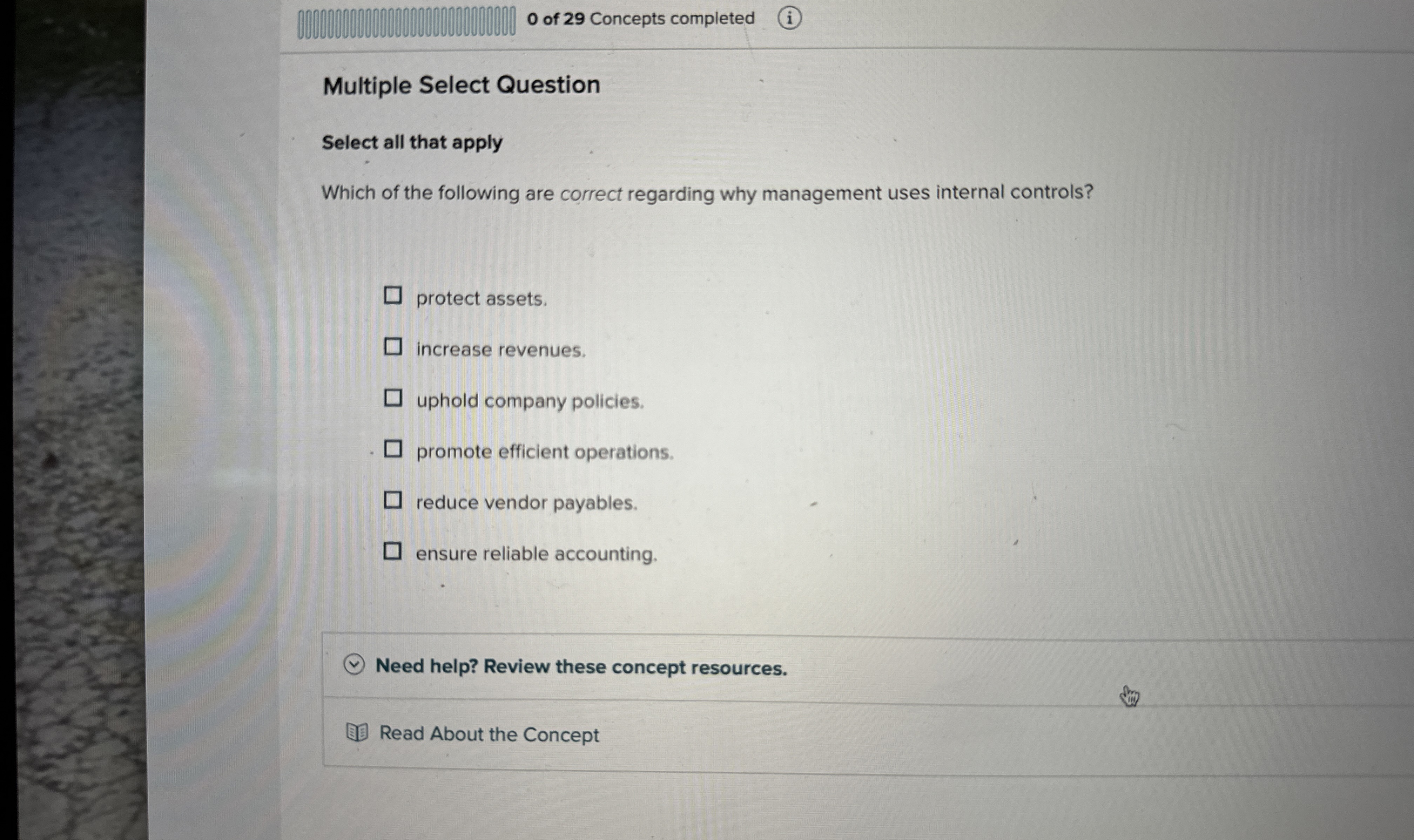 Solved 0 ﻿of 29 ﻿Concepts completed(i)Multiple Select | Chegg.com