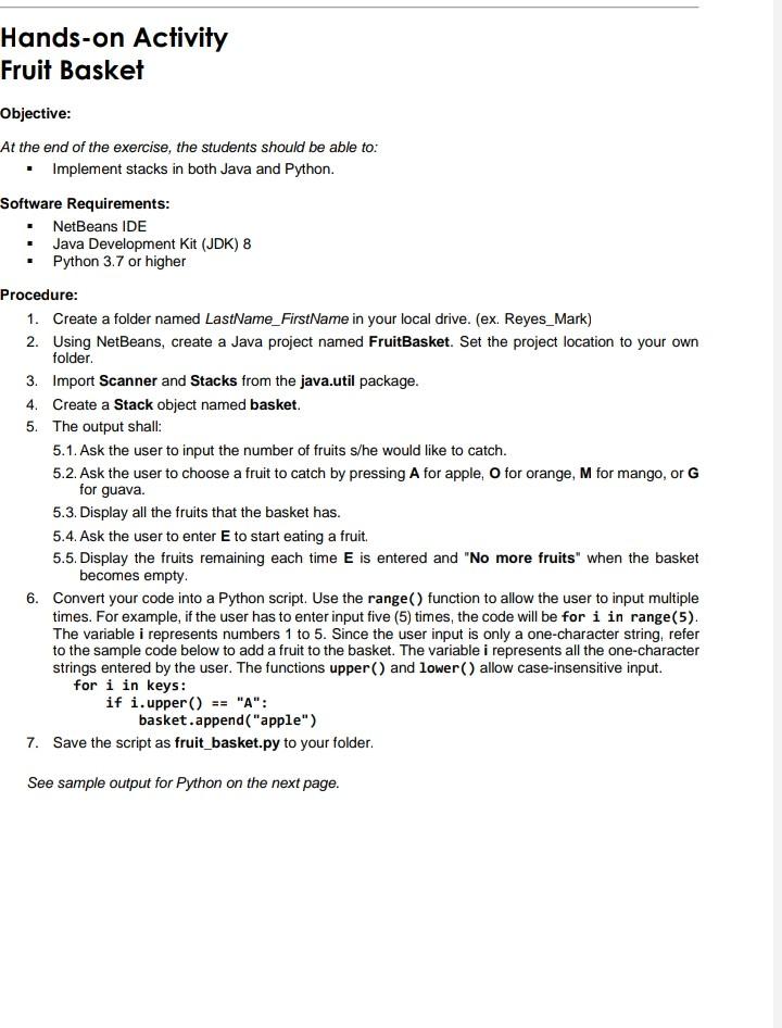 Solved Hands-on Activity Fruit Basket . Objective: At the | Chegg.com