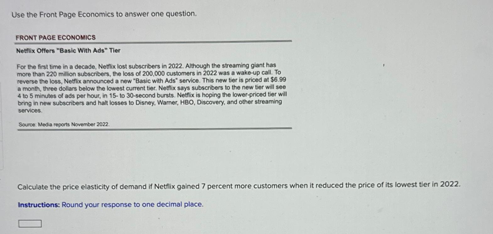Solved Use the Front Page Economics to answer one | Chegg.com