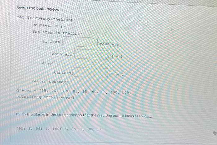 Solved Given the code below: def irequency (thelist): | Chegg.com
