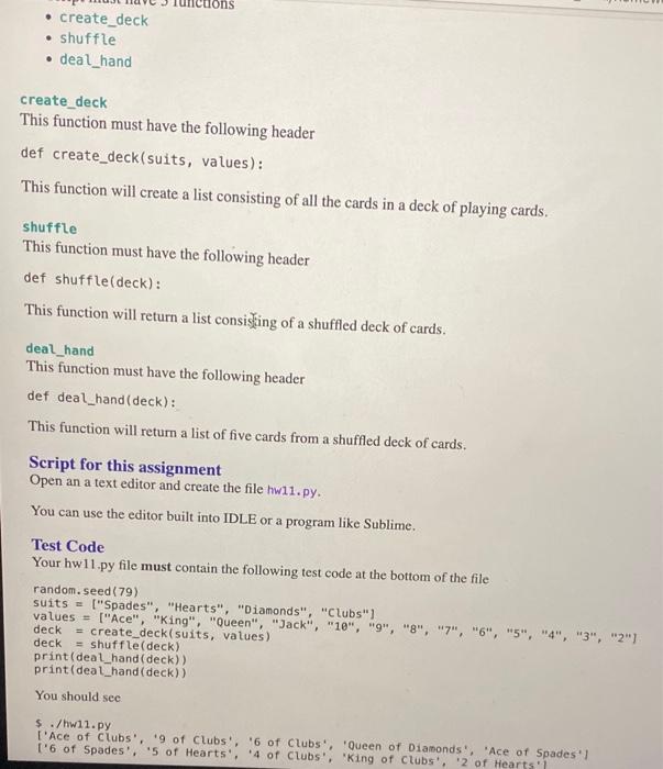 Solved dons • create_deck • shuffle • deal_hand create_deck | Chegg.com