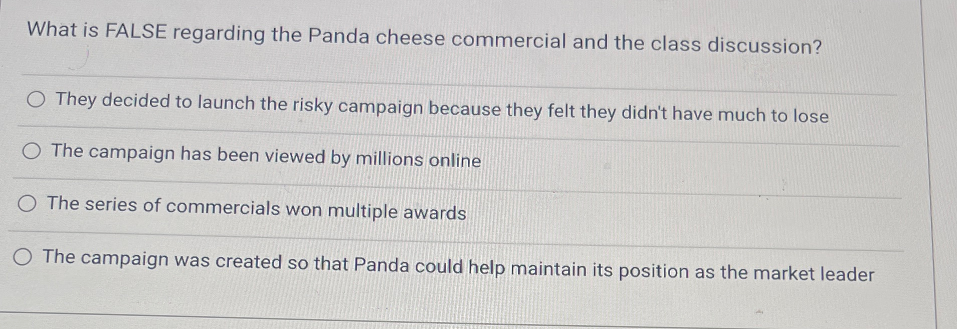 Solved What is FALSE regarding the Panda cheese commercial | Chegg.com