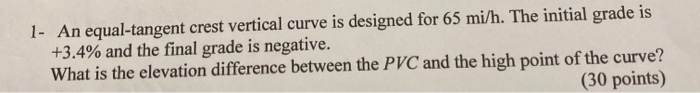 Solved 1- An equal-tangent crest vertical curve is designed | Chegg.com