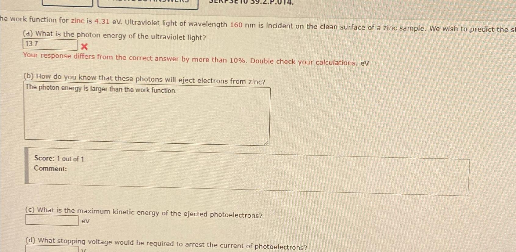 Solved he work function for zinc is 4.31eV. Ultraviolet | Chegg.com