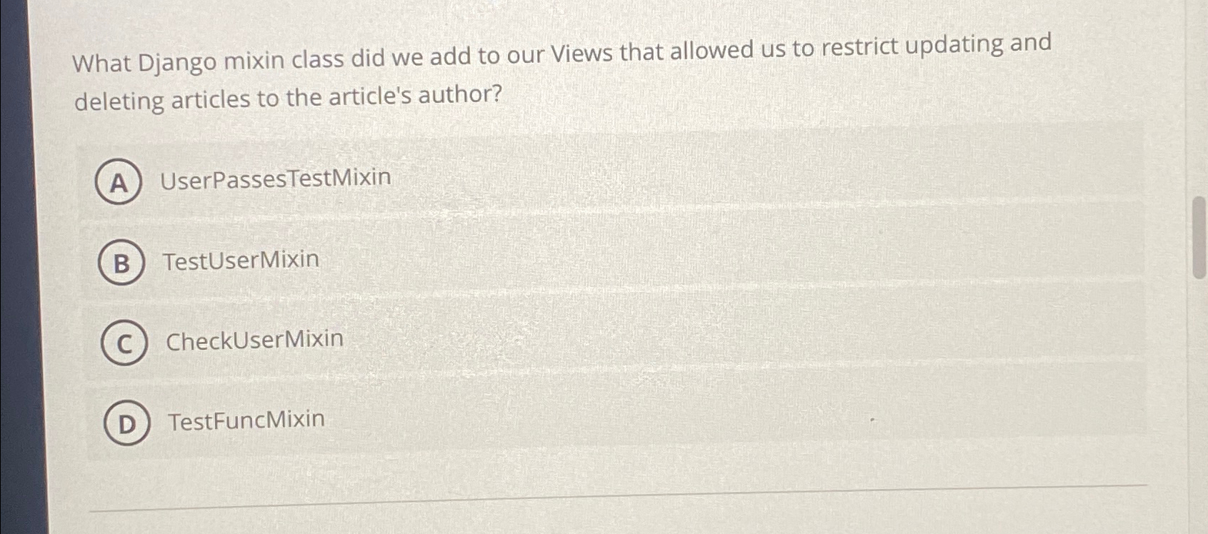 Solved What Django mixin class did we add to our Views that | Chegg.com