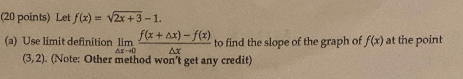 Solved Let f(x)=2x+32-1 ﻿Use limit definition | Chegg.com