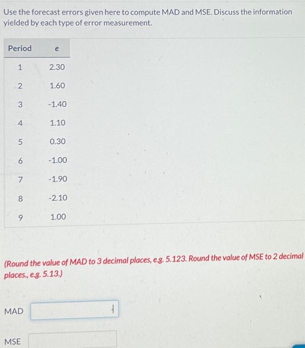 Solved Use the forecast errors given here to compute MAD and | Chegg.com