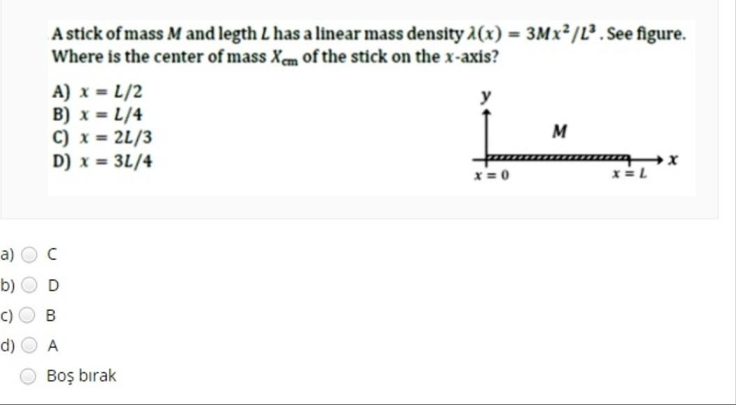Solved A stick of mass M ﻿and legth L ﻿has a linear mass | Chegg.com