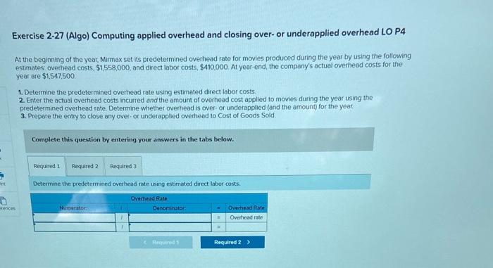 Solved Exercise 2-27 (Algo) Computing applied overhead and | Chegg.com