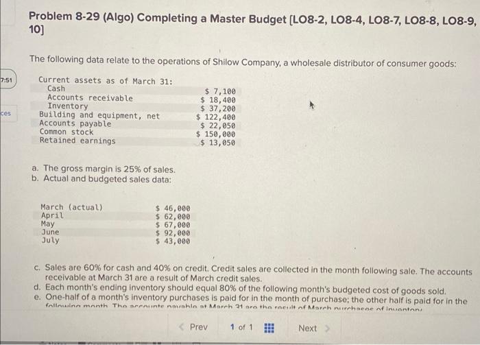 Solved Problem 8-29 (Algo) Completing a Master Budget | Chegg.com