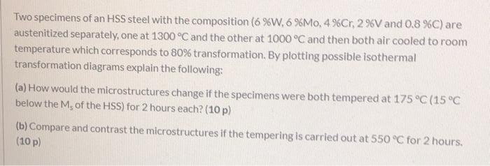 Solved Two specimens of an HSS steel with the composition (6 | Chegg.com