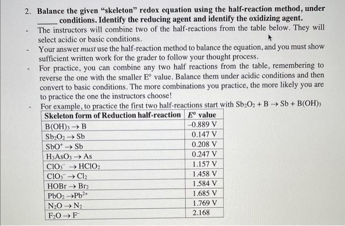 Solved 2. Balance the given "skeleton" redox equation using | Chegg.com