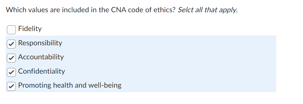 Solved Which values are included in the CNA code of ethics? | Chegg.com