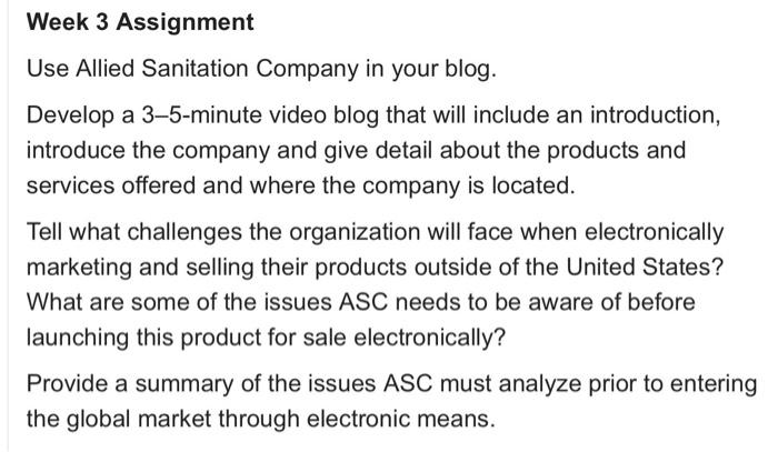 Solved Week 3 Assignment Use Allied Sanitation Company in | Chegg.com