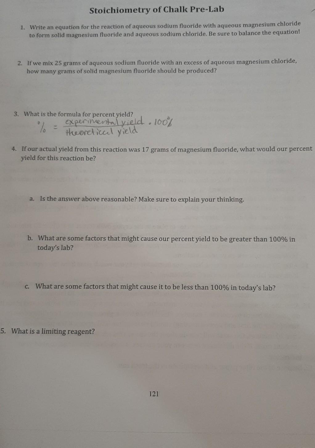 Solved Stoichiometry of Chalk Pre-Lab 1. Write an equation | Chegg.com