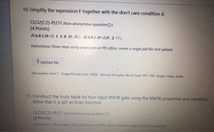 Solved 10. Simplify the expression F together with the don't | Chegg.com